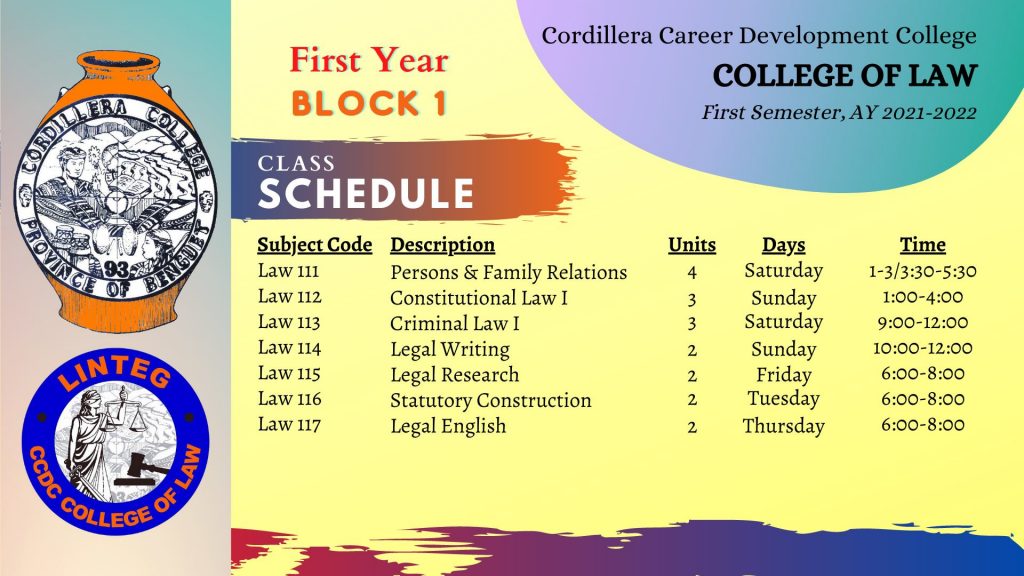 College of Law Class Schedules – Cordillera Career Development College