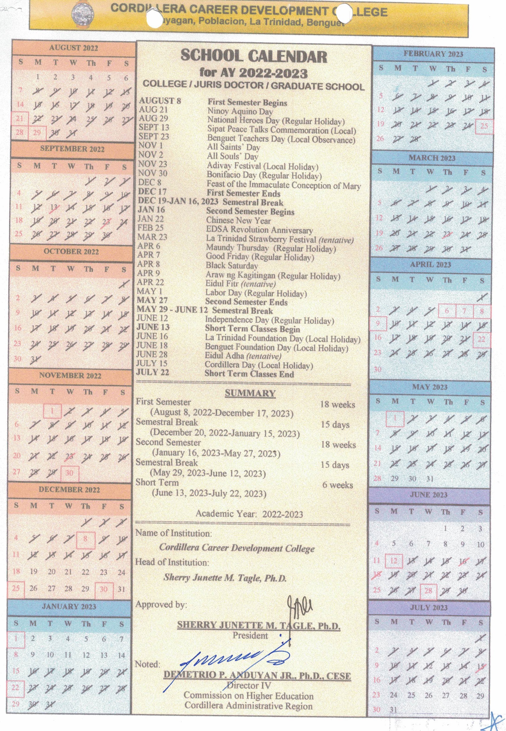 Academic and Activities Calendar 2022-2023 – Cordillera Career ...